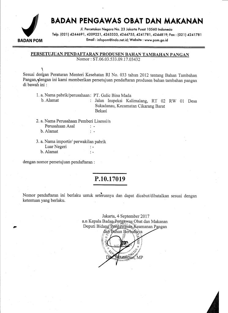 BPOM Certificate - PT Galic Bina Mada